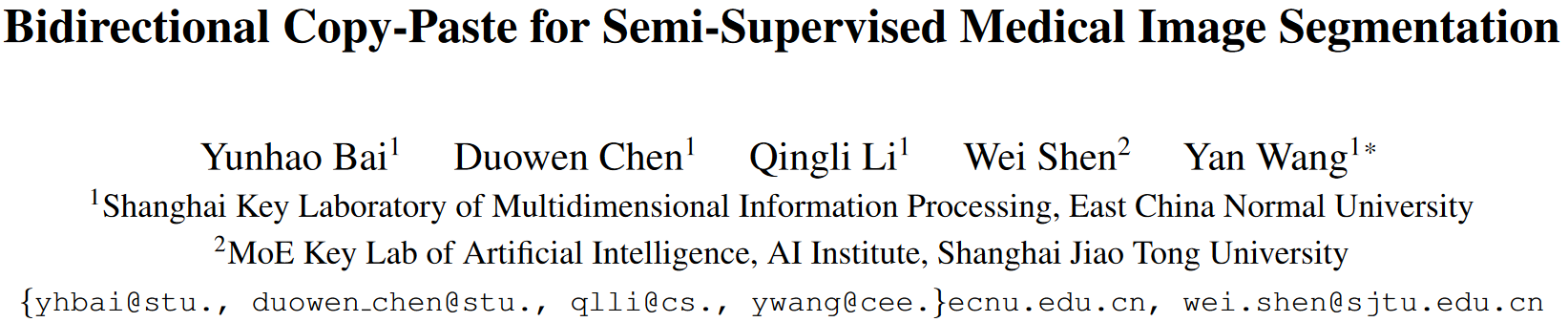 CVPR2023 | Bidirectional Copy-Paste for Semi-Supervised Medical Image Segmentation - 技术分享